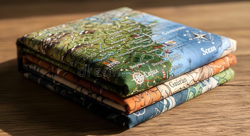 Stacked Fabric with Vintage Map Prints Stock Illustration ...