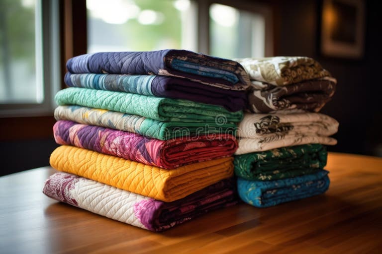 Stack of Folded Handmade Quilts in Various Patterns Stock Illustration ...
