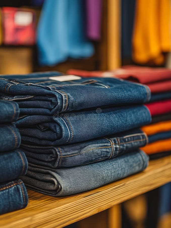 Stack of Folded Jeans on a Shelf in a Retail Store. Stock Image - Image ...