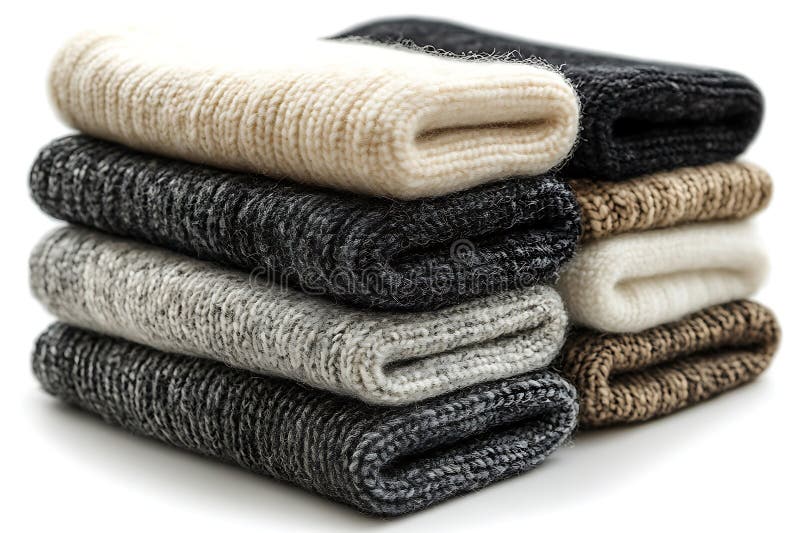 Stack of Folded Knitted Caps in Neutral Colors Cream, Black, Gray, and ...