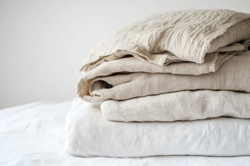 Stack of Folded Light Brown Linen Fabric on White Bed Stock ...