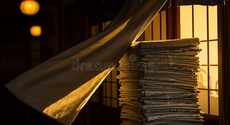 Stack of Folded Linen with Golden Sunlight Streaming through Window ...