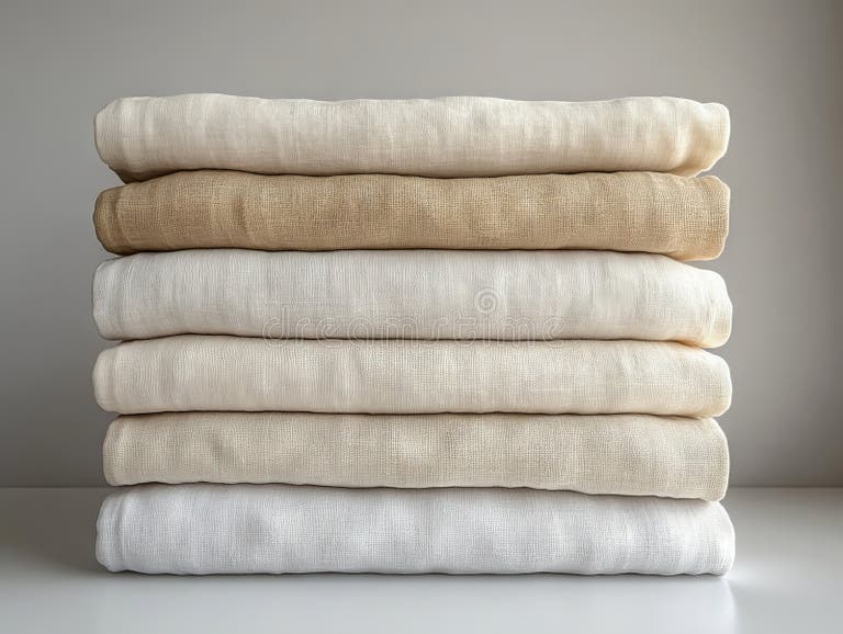 A Stack of Folded Linen Sheets on a White Table Stock Image - Image of ...