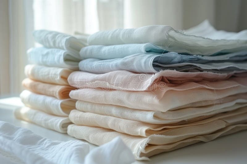 Stack of Folded Natural Fabrics, on Table in Bright Room with Natural ...