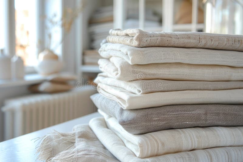 Stack of Folded Natural Fabrics, on Table in Bright Room with Natural ...