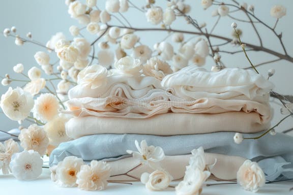 Stack of Folded Natural Fabrics, on Table in Bright Room with Natural ...