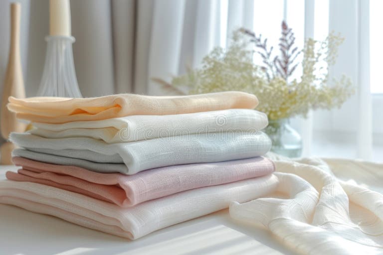 Stack of Folded Natural Fabrics, on Table in Bright Room with Natural ...