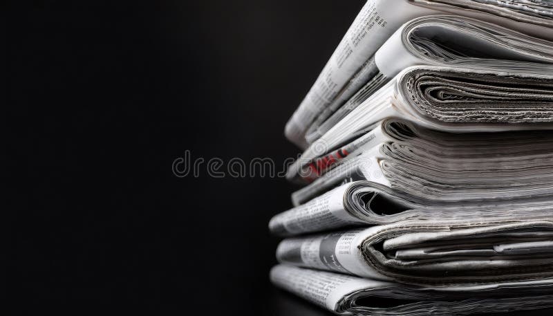Stack of Folded Newspapers is Growing on a Black Background with Copy ...