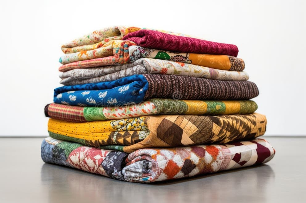 Stack of Folded Quilts Showcasing Various Patterns Stock Illustration ...