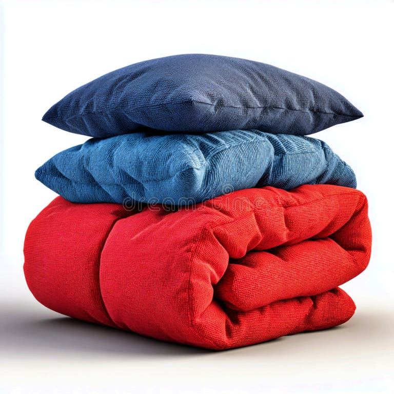 Stack of Folded Red Blanket and Two Blue Pillows on a Surface Stock ...