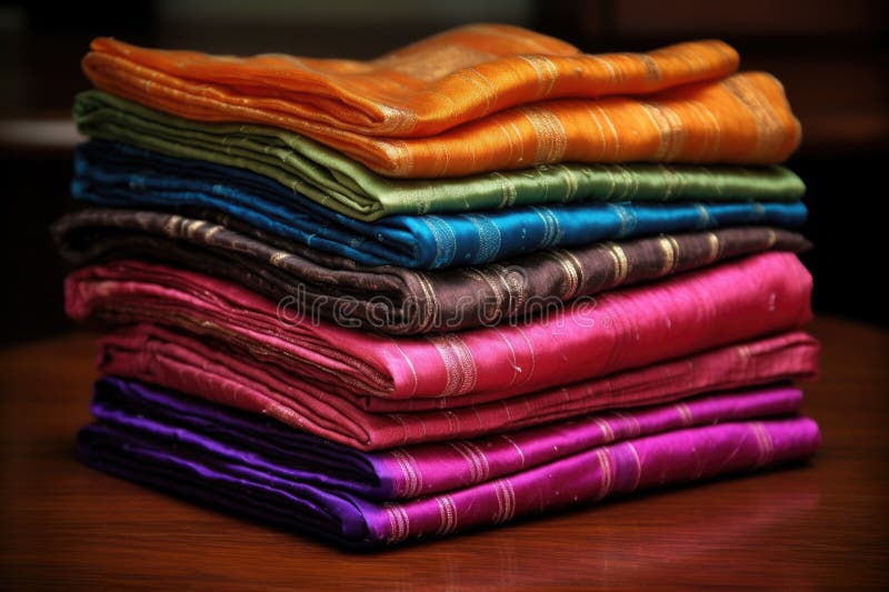 A Stack of Folded Silk Sarees in Vibrant Hues Stock Illustration ...