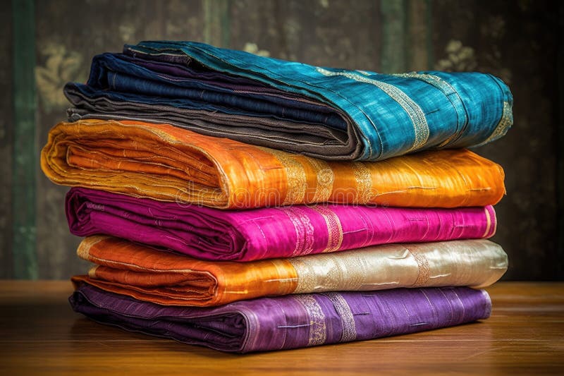 A Stack of Folded Silk Sarees in Vibrant Hues Stock Illustration ...