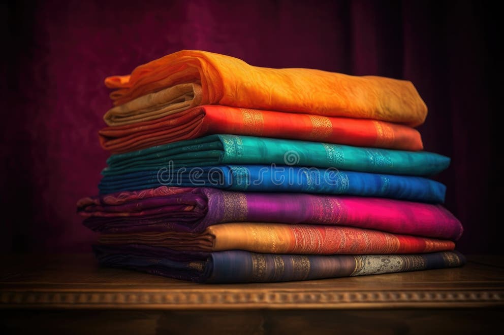 A Stack of Folded Silk Sarees in Vibrant Hues Stock Illustration ...