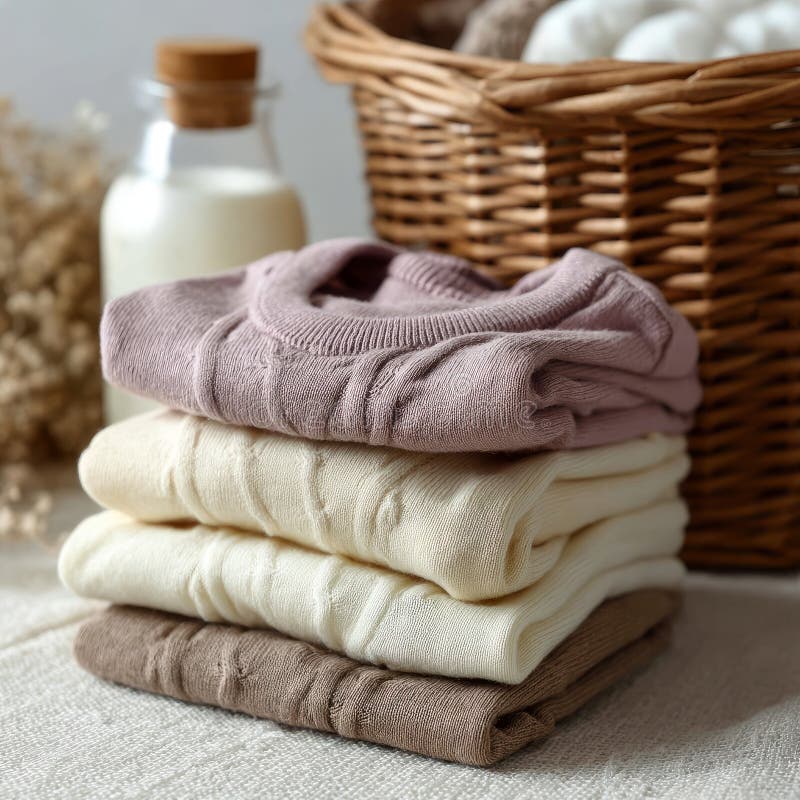 Stack of Folded Sweaters with Milk and Basket in Background Stock Photo ...