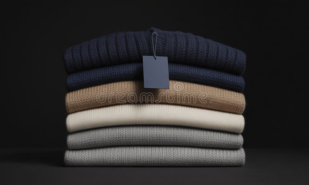 Stack of Folded Sweaters with Tag on Dark Background Stock Illustration ...