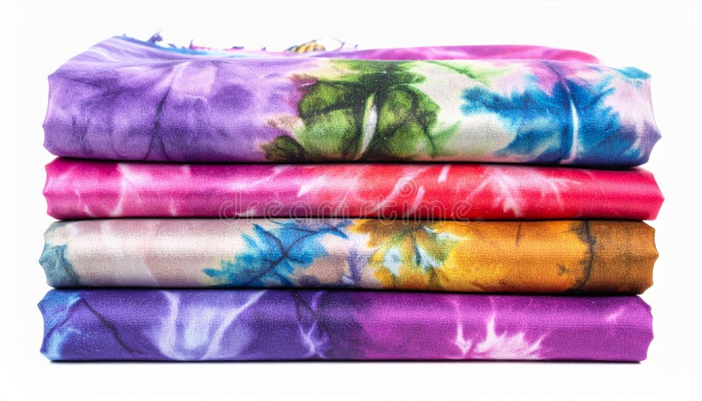 Stack of Folded Tie Dye Fabrics in Pink Purple Blue and Yellow on White ...