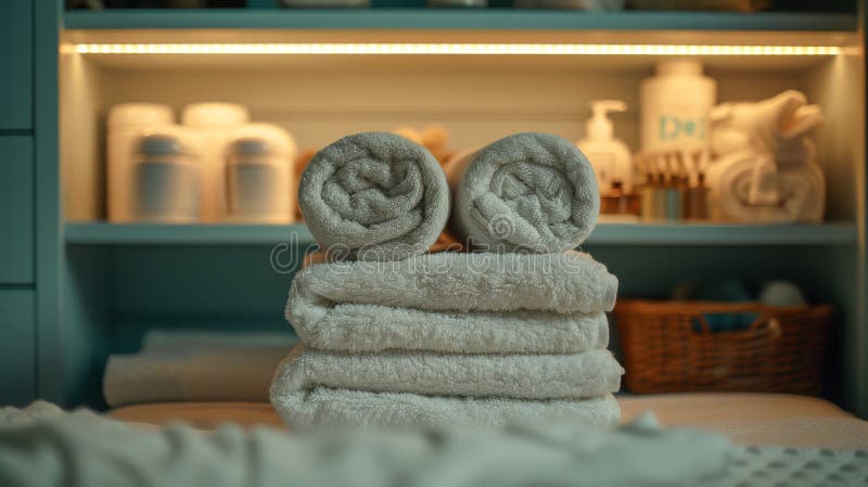 A Stack of Folded Towels on a Bed in Front of Shelves, AI Stock Image ...
