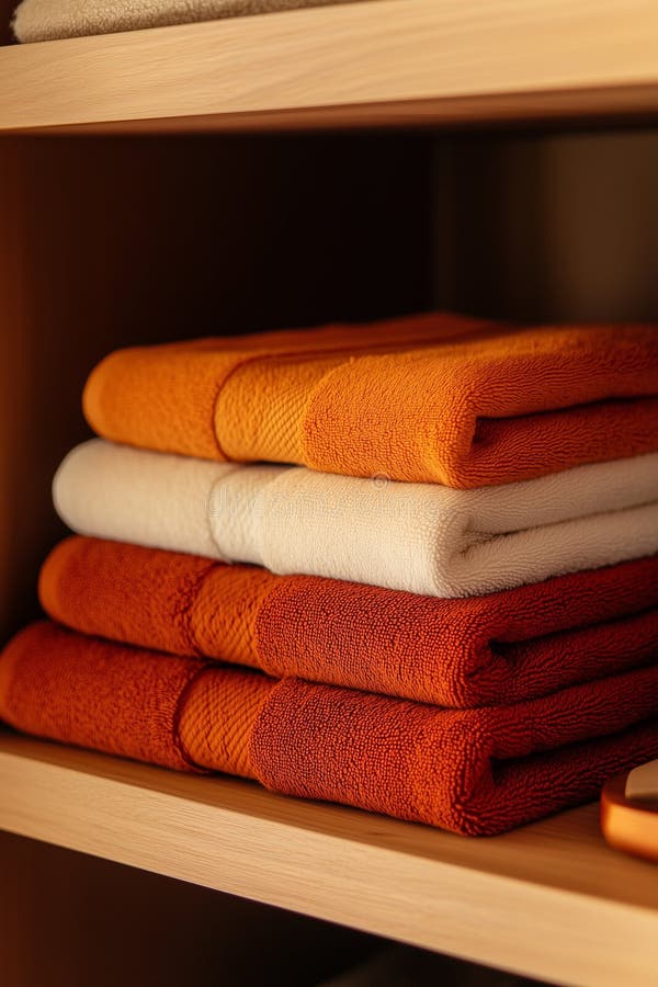 A Stack of Folded Towels in Deep Orange and Beige Tones Sitting on a ...