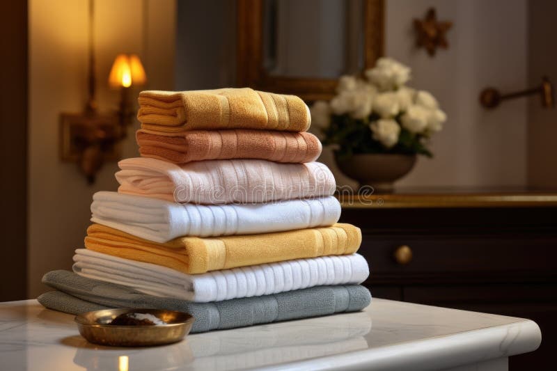 Stack of Folded Towels beside an Elegant Bathtub Stock Photo - Image of ...
