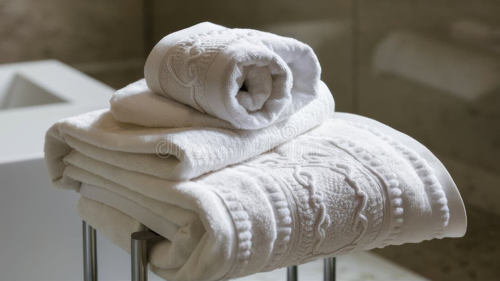 A Stack of Folded Towels on a Metal Rack in the Bathroom, AI Stock ...