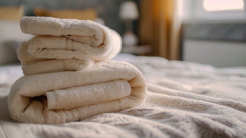 A Stack of Folded Towels Sitting on Top of a Bed, Useful for a Hotel or ...