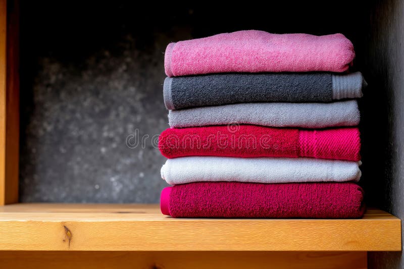 A Stack of Folded Towels Sitting on Top of a Wooden Shelf Stock Image ...