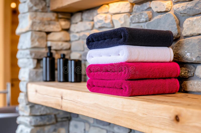 A Stack of Towels Sitting on Top of a Wooden Shelf Stock Photo - Image ...