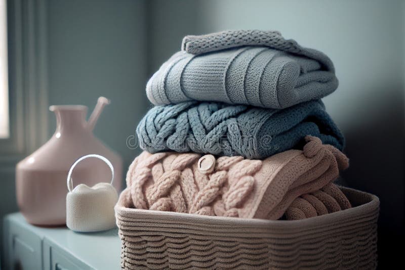 Stack of Folded Wool Knitted Baby Clothes or Blankets. Generative AI ...