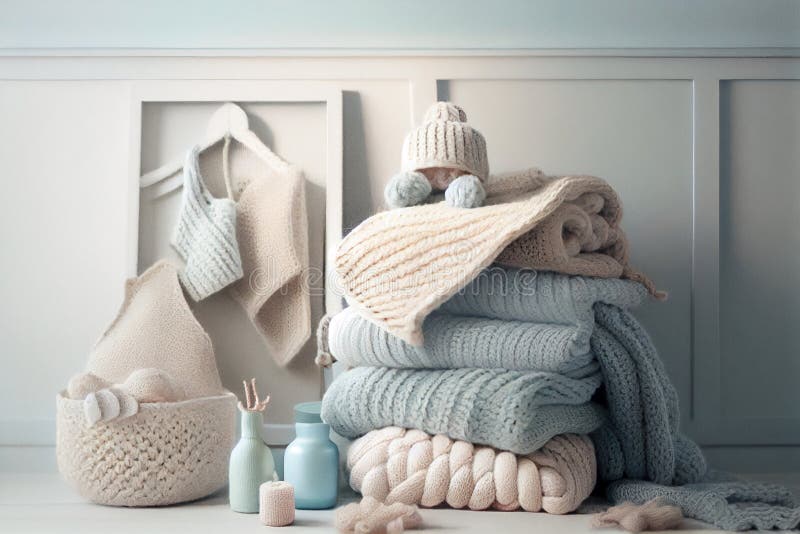 Stack of Folded Wool Knitted Baby Clothes or Blankets. Generative AI ...