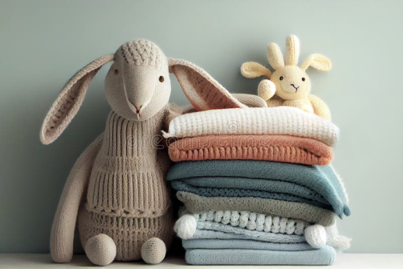 Stack of Folded Wool Knitted Baby Clothes or Blankets and Knitted ...