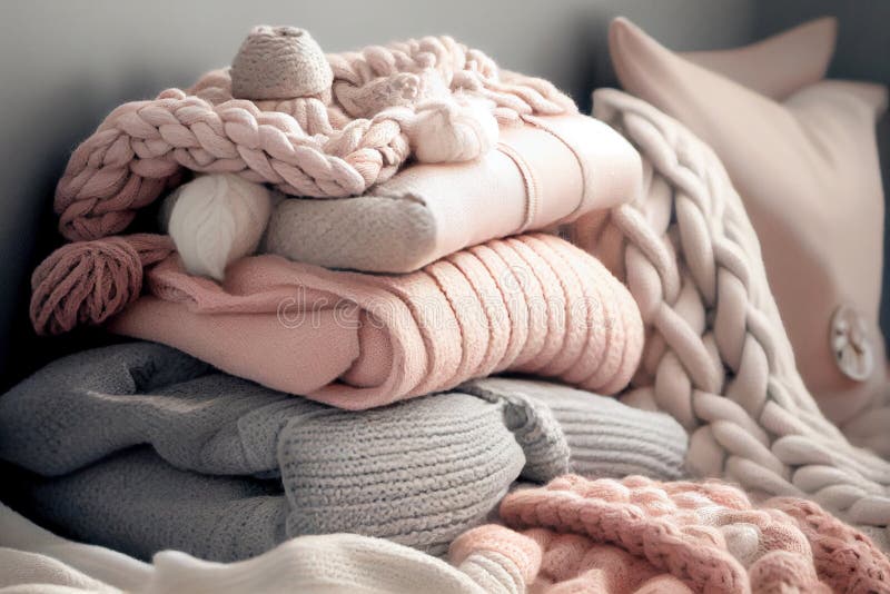 Stack of Folded Wool Knitted Clothes or Blankets. Generative AI. Warm ...
