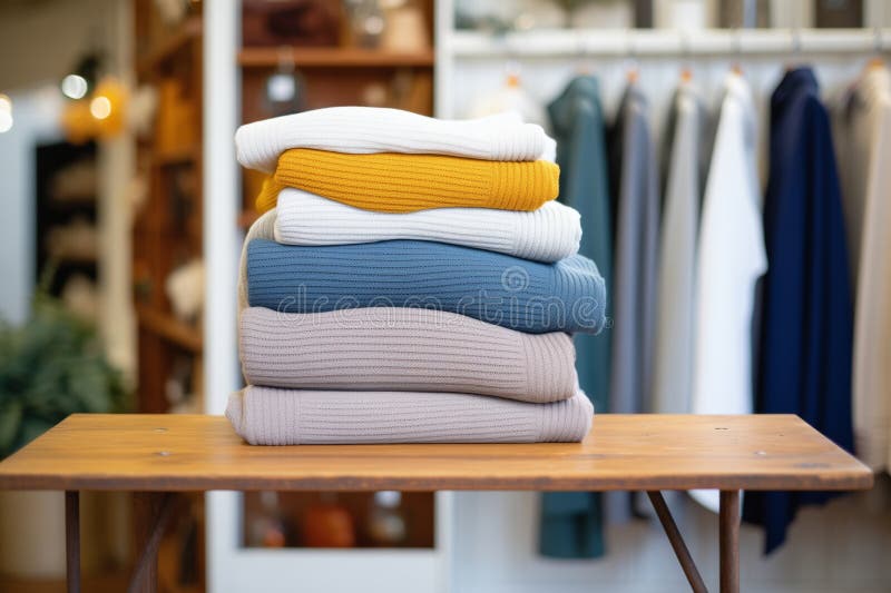 Stack of Folded Wool Sweaters beside Store Display Rack Stock Photo ...