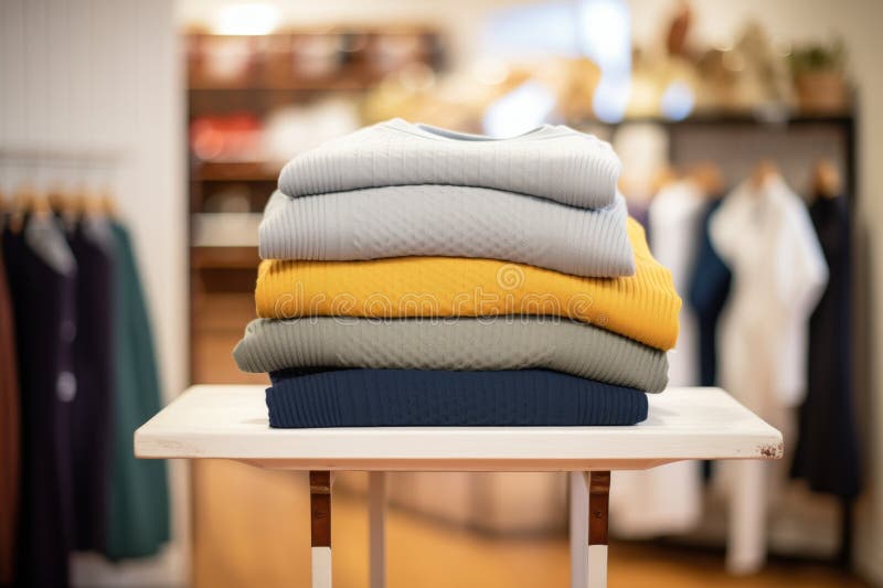 Stack of Folded Wool Sweaters beside Store Display Rack Stock Image ...