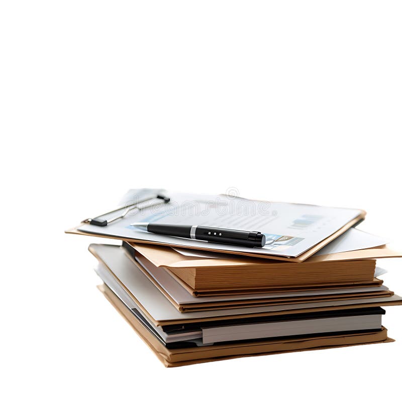 Stack of Folders and Documents on Office Desk Against Transparent ...