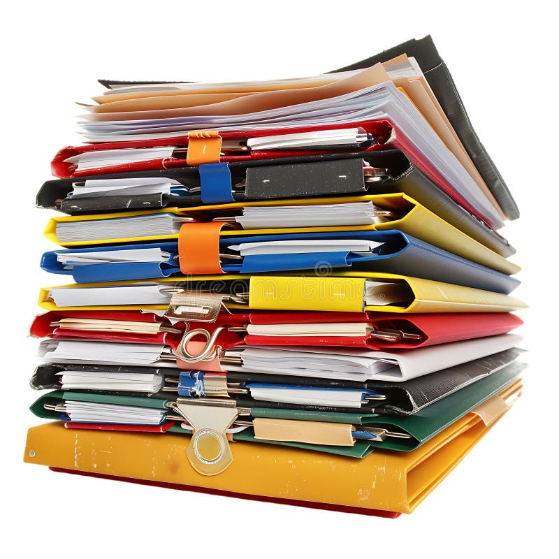Stack of Folders and Documents on Office Desk Against Transparent ...