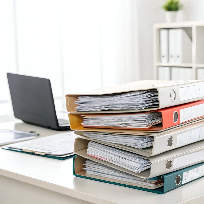 Stack of Folders and Documents on Office Desk Against White Background ...