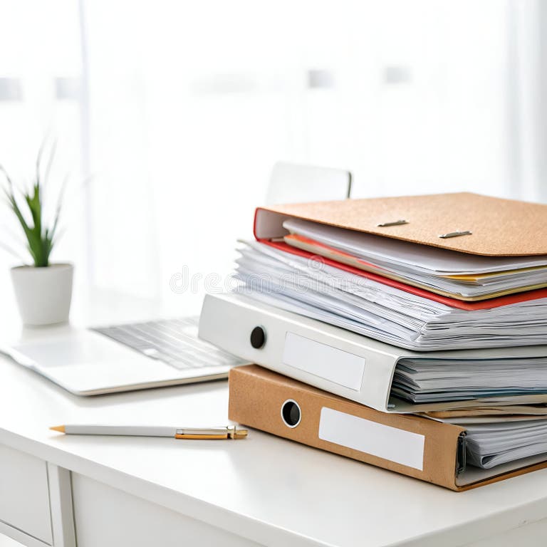Stack of Folders and Documents on Office Desk Against White Background ...