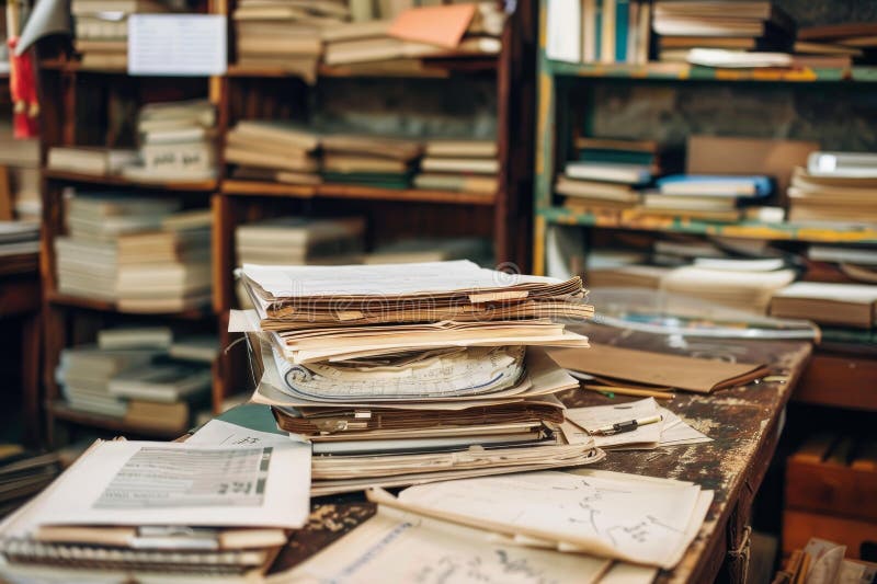 Stack of Folders Sitting on Desk in Room Full of Books Stock Image ...