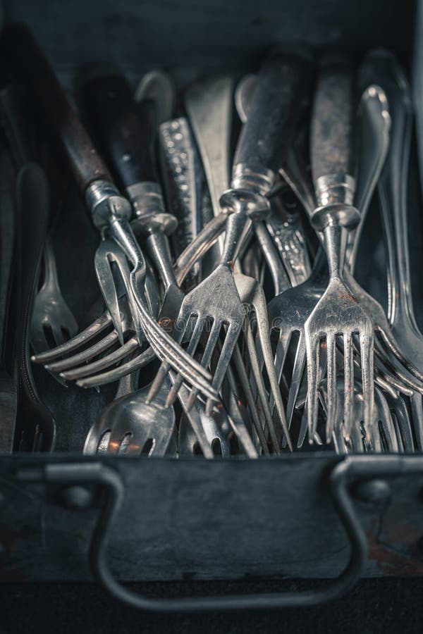 Stack of Forks in a Metal Box. Antique Used Cutlery Stock Image - Image ...