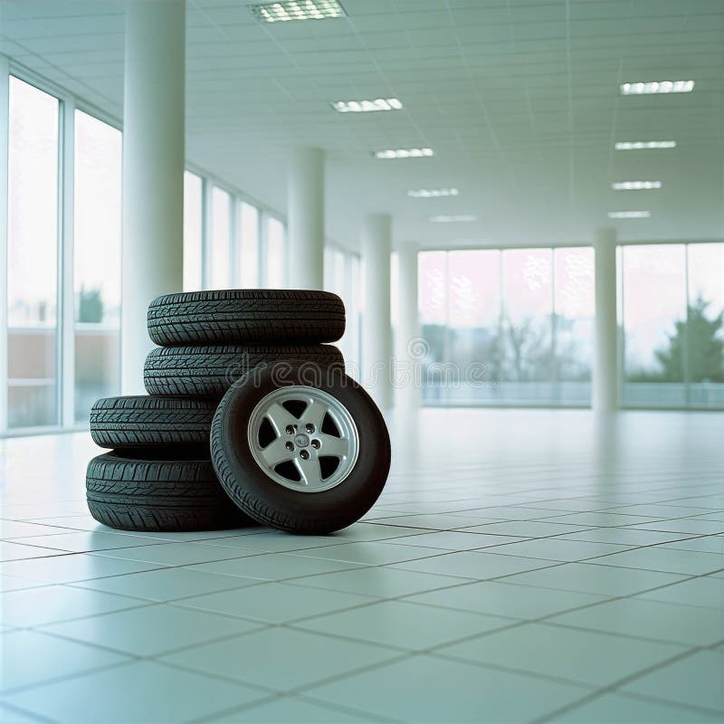Stack of Four Black Tires in a Spacious Modern Showroom with Bright ...