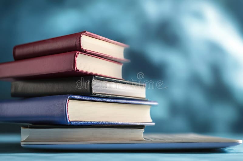 Stack of Colorful Books on a Blurred Blue Background Creating a Serene ...
