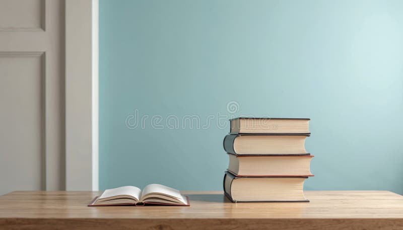 Stack of Four Books and One Open Book Rest on Wooden Table. Education ...