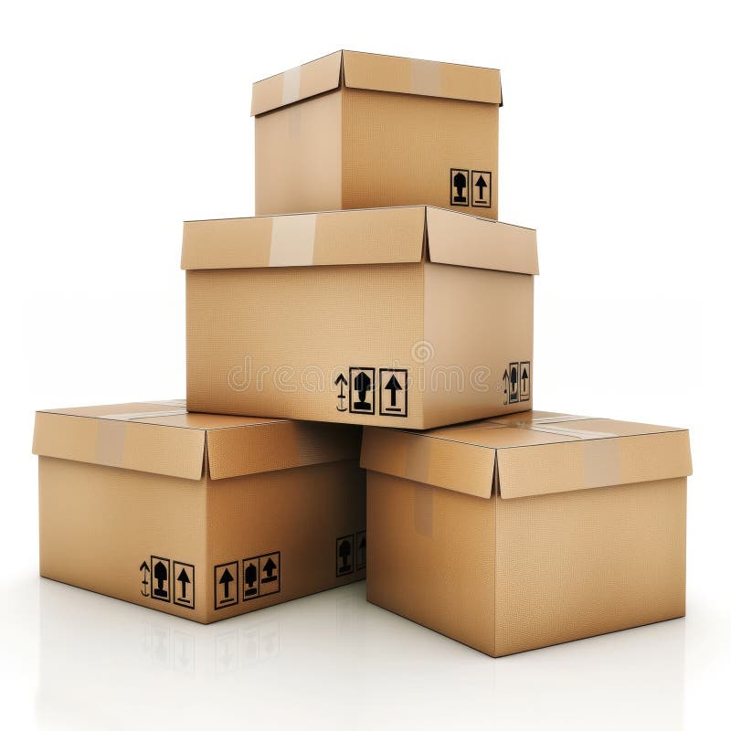 Stack of Four Cardboard Boxes Isolated on White Background for Shipping ...