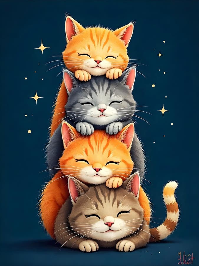 A Stack of Four Cats, a Charming Illustration of Friendly Kittens on a Blue Backdrop with Stars ...