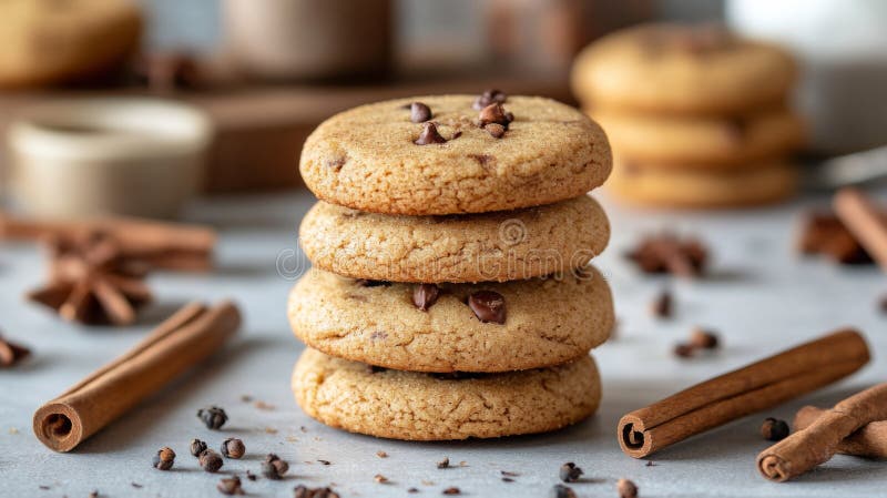 A Stack of Four Chocolate Chip Cookies with Cinnamon Sticks and Cloves ...