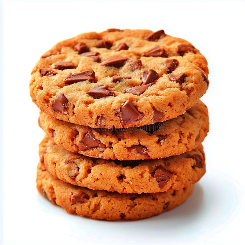A Stack of Four Chocolate Chip Cookies on a White Surface in a Close Up ...