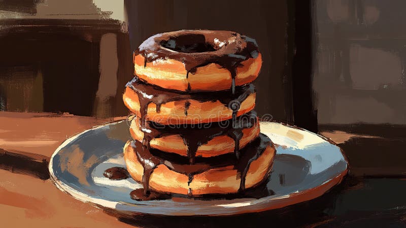 Stack of Four Chocolate Glazed Donuts on a Plate Stock Photo - Image of ...
