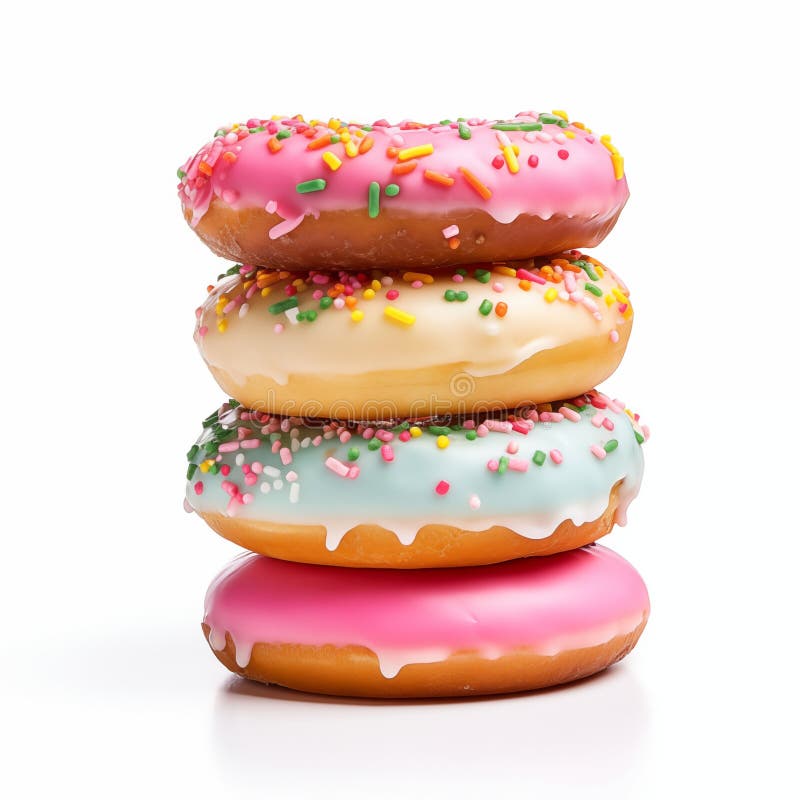 Stack of Four Colorful Donuts with Icing and Sprinkles on a White ...