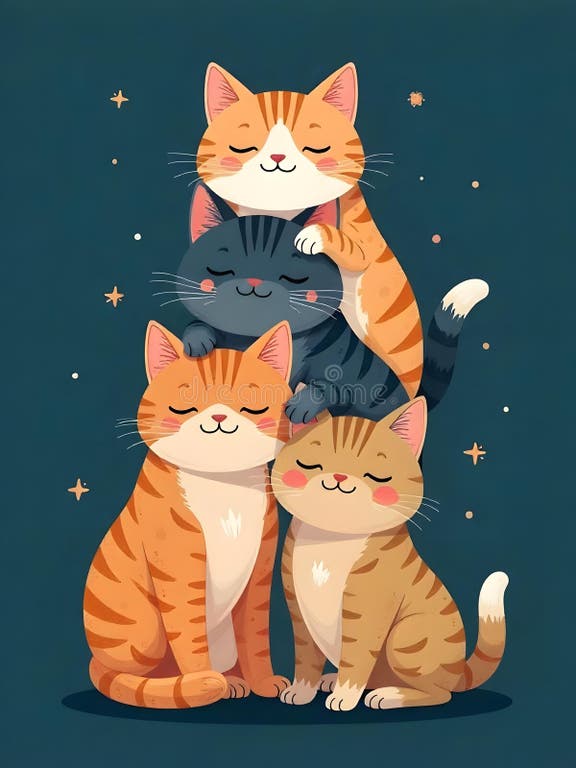 A Stack of Four Cute Cartoon Cats with Closed Eyes, Creating a ...