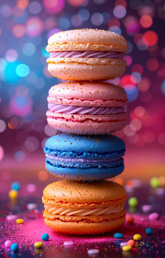 A Stack of Four Different Colored Macarons with Gold Sprinkles on Top ...